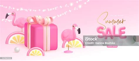 여름 큰 판매 타이포그래피 포스터 3d 플라스틱 텍스트 플라밍고 및 선물 상자 여름 배경입니다 벡터 그림입니다 3차원 형태에