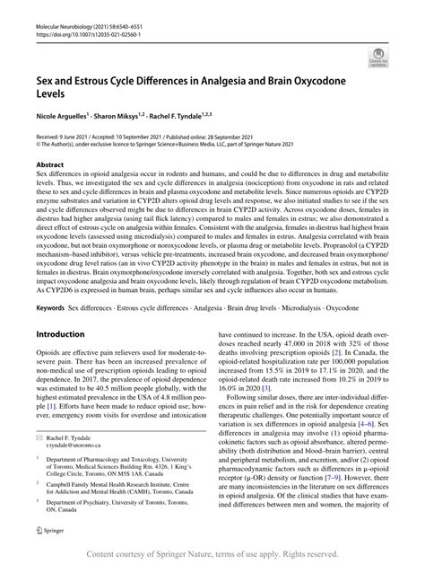Sex And Estrous Cycle Differences In Analgesia And Brain Oxycodone Levels Request PDF