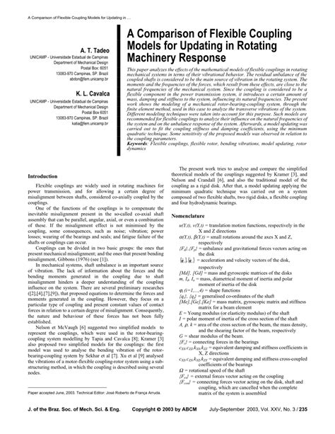 Pdf A Comparison Of Flexible Coupling Models For Updating In Rotating Machinery Response