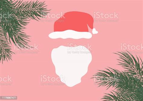 크리스마스 산타 클로스 수염과 상록 크리스마스 나뭇 가지로 둘러싸인 분홍색 배경에 모자 플랫 디자인 0명에 대한 스톡 벡터 아트 및 기타 이미지 Istock