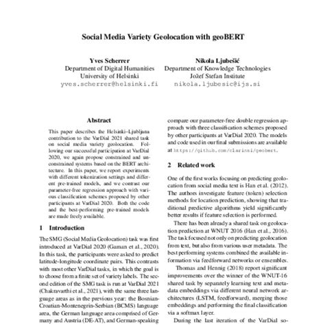 Social Media Variety Geolocation With Geobert Acl Anthology