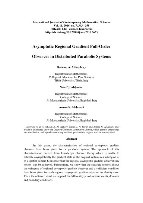 Pdf Asymptotic Regional Gradient Full Order Observer In Distributed Parabolic Systems