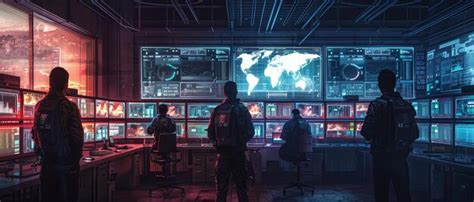 Hightech Control Room With Cybersecurity Experts Monitoring Screens Premium Ai Generated Image