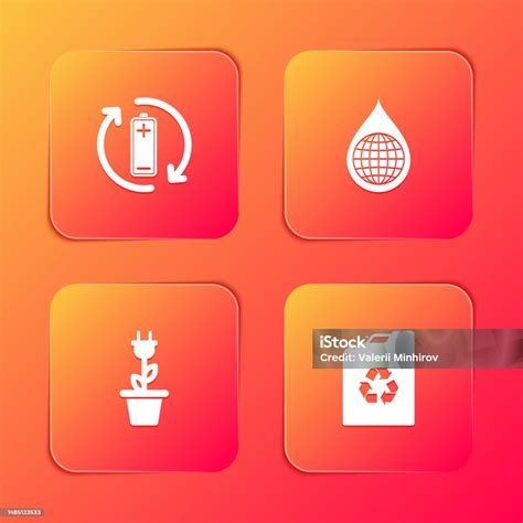 재활용 배터리 물방울의 지구 행성 전기 절약 플러그 냄비 및 에코 연료 용기 아이콘으로 설정합니다 벡터 0명에 대한 스톡 벡터 아트 및 기타 이미지 Istock