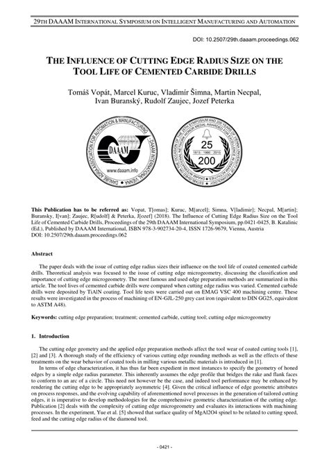 Pdf The Influence Of Cutting Edge Radius Size On The Tool Life Of Cemented Carbide Drills