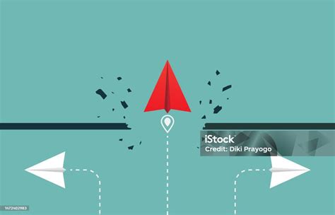 장애물 장벽 목표물 목표를 극복하고 다른 종이 비행기가 장애물을 뚫지 않을 때 빨간 종이 비행기가 장애물을 돌파합니다 비즈니스 솔루션 또는 성장과 성공을위한 리더십과 노력