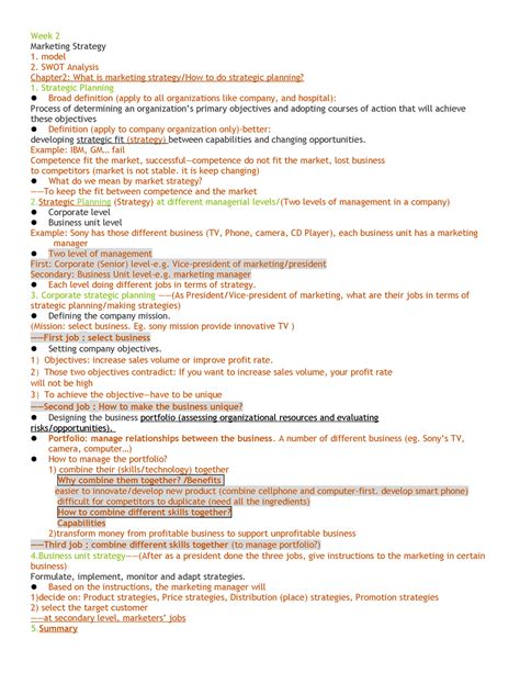 Week 2 Note Week 2 Note Week 2 Marketing Strategy Model Swot