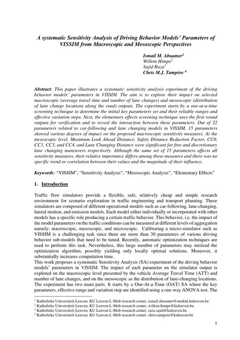 Pdf A Systematic Sensitivity Analysis Of Driving Behavior Models Parameters Of Vissim From