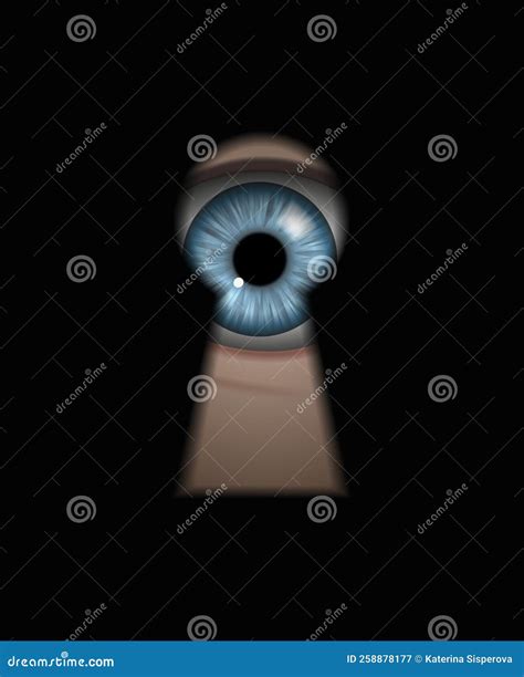 Vector Illustration Of Human Blue Eye Peeking Through The Dark Keyhole