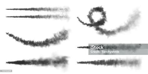 현실적인 미사일 또는 총알 흔적 비행기 응축 트레일 제트 항공기 트랙 우주 로켓 발사 검은 연기 구름 폭발 증기 흐름 벡터 일러스트 레이 션 Ship Launch에 대한