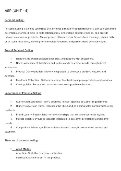 Asp Unit 4 Notes Asp Unit 4 Personal Selling Personal