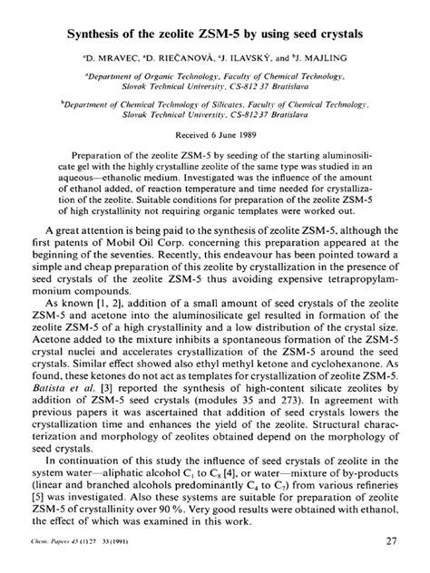 Synthesis Of The Zeolite Zsm 5 By Using Seed Crystals Pdf Zeolite