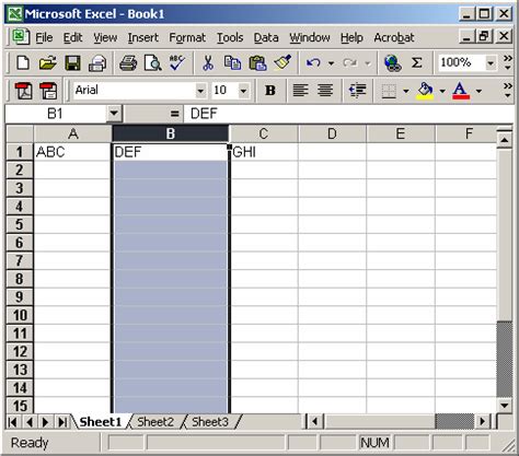 MS Excel 2003 Change The Width Of A Column