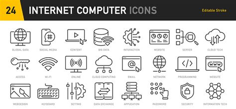 Internet Computer Web Icons In Line Style Cloud Technology Data Center Connection Network