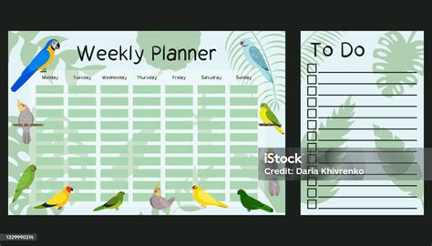 주간 플래너와 귀여운 만화 스타일의 앵무새와 목록 템플릿을 할 수 있습니다 아이들을위한 일정 디자인 0명에 대한 스톡 벡터 아트