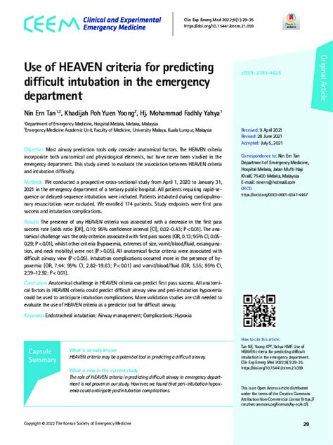 Pdf Use Of Heaven Criteria For Predicting Difficult Intubation In The Emergency Department