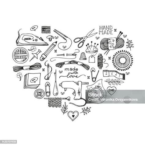 취미와 여가 사진을 낙서 스타일로 설정하십시오 빈티지 벡터 일러스트 레이 션 지느러미 심장 배경 뜨개질하기에 대한 스톡 벡터