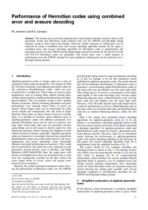 Pdf Performance Of Hermitian Codes Using Combined Error And Erasure Decoding