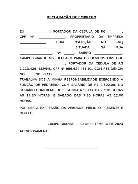 DeclaraÇÃo De Emprego Pdf