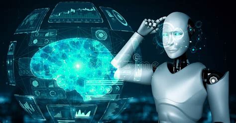 Thinking Ai Hominoid Robot Analyzing Hologram Screen Showing Concept Of