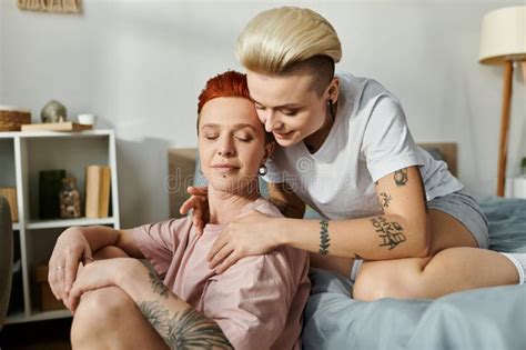 A Lesbian Couple With Short Hair Stock Image Image Of Cuddling