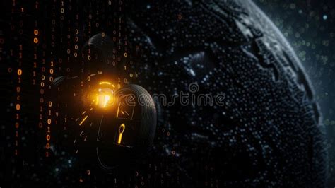 digital security concept with lock and binary code against earth