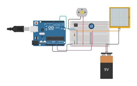 circuit design rossi motore cc con potenziometro e batteria tinkercad