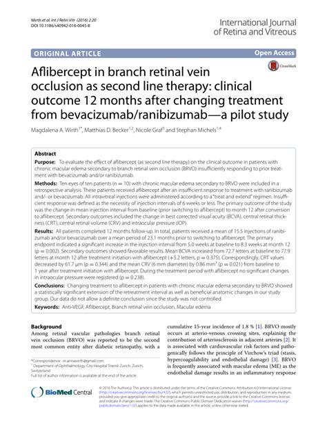 Pdf Aflibercept In Branch Retinal Vein Occlusion As Second Line Therapy Clinical Outcome 12