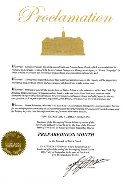 Proclamations On Emergency Preparedness Month In New York City 2012