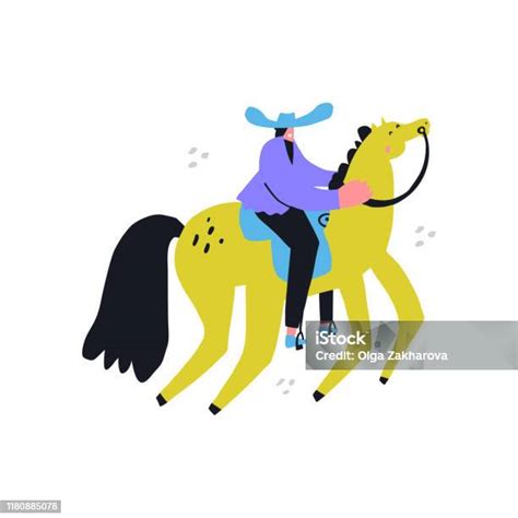 남자 승마 말 플랫 핸드 그린 일러스트 말을 타고 만화 캐릭터에 카우보이 와일드 웨스트 마장 술 스칸디나비아 스타일 공평 개념입니다 T 셔츠 프린트 서양 영화 배너 디자인