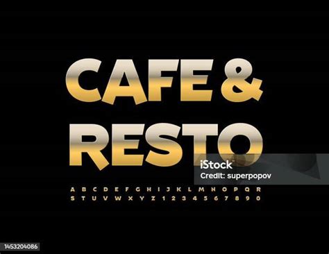 벡터 골든 로고 카페와 Resto 트렌디 한 알파벳 문자와 숫자 세트 광고에 대한 스톡 벡터 아트 및 기타 이미지 광고