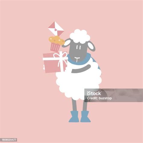 귀엽고 사랑스러운 양 들고 선물 컵 케이크와 연애 편지 해피 발렌타인 데이 생일 사랑 개념 2월에 대한 스톡 벡터 아트 및 기타