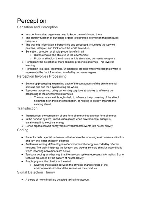 psyc 1001 perception notes for lecture perception sensation and