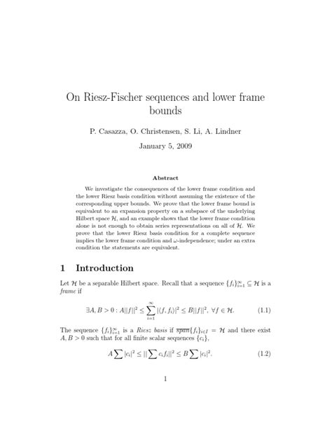 On Riesz Fischer Sequences And Lower Frame Bounds P Casazza O Christensen S Li A Lindner