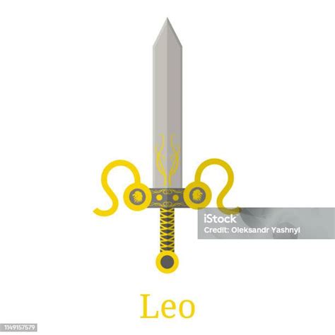 레오 검 조디악 기호입니다 편평한 만화 조디악 무기입니다 12 개 조디악 무기 중 하나 벡터 점성술 별자리 기호입니다 벡터 일러스트 레이 션에 고립 된 흰색 배경 개념에