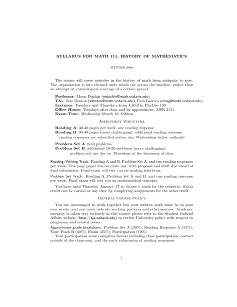 Math 111 Syllabus History Of Mathematics Winter 2008