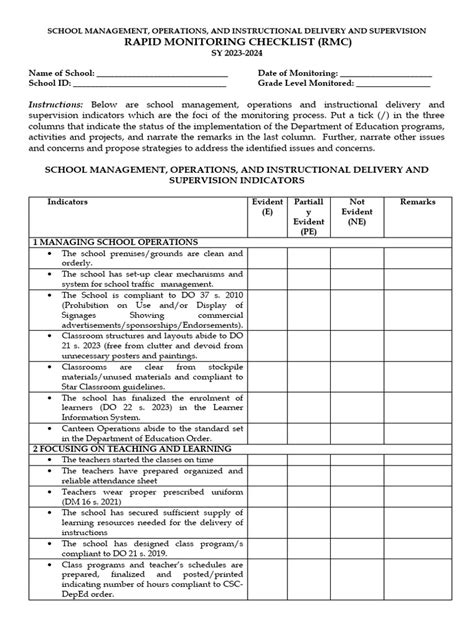 Rapid Monitoring Checklist Rmc Pdf Teachers Learning