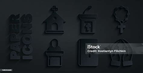 성경책 묵주 구슬 종교 교회 목사 설교 손 기도 위치 설교 트리뷴 및 건물 아이콘을 설정합니다 벡터 3차원 형태에 대한 스톡