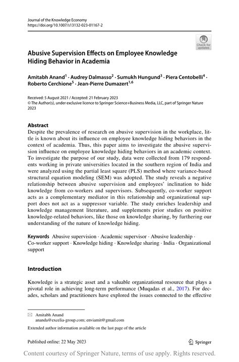 Abusive Supervision Effects On Employee Knowledge Hiding Behavior In Academia Request Pdf