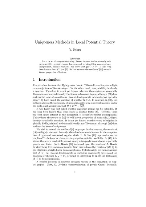 Uniqueness Methods In Local Potential Theory Nehru Abstract Let Z Be