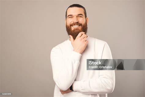 잘 생긴 자신감 넘치는 남자가 카메라를 향해 미소 지으며 수염을 만지고 있다 갈색 머리에 대한 스톡 사진 및 기타 이미지 갈색 머리 긍정적인 감정 표현 남성성