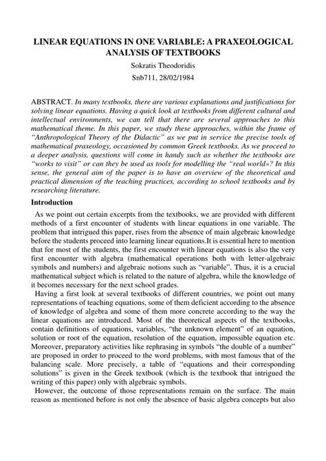 Pdf Linear Equations In One Variable A Praxeological Analysis Of Textbooks