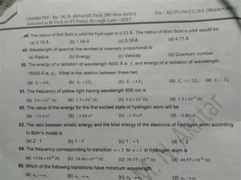 Wavelength Of Spectral Line Emitted Is Inversely Proportional To Filo