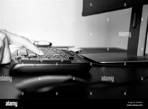 Close Up Of Male Finger Pushing The Button Of Keyboard Black And White Tone Stock Photo Alamy