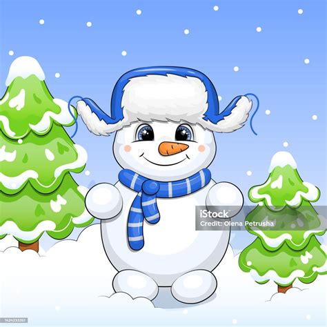Mignon Bonhomme De Neige De Dessin Animé En Chapeau Dhiver Bleu Avec
