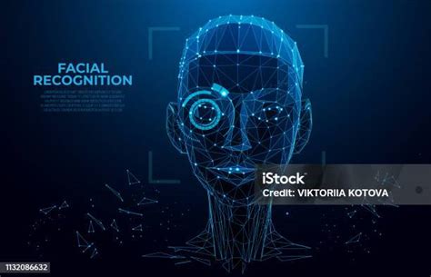 얼굴 인식 사이버 여자 로봇 얼굴 얼굴 인식 시스템 개념입니다 생체 인식 스캐닝 3d 스캐닝 얼굴 Id 사람을 식별 합니다 다각형 벡터 와이어 프레임 개념 안면 인식 기술에