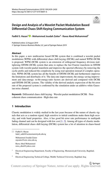 Design And Analysis Of A Wavelet Packet Modulation Based Differential Chaos Shift Keying