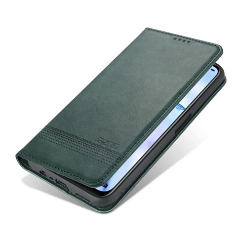 Oppo A16 Azns 마그네틱 송아지 송아지 질감 수평 플립 가죽 케이스 카드 슬롯 및 홀더 및 지갑 어두운 녹색