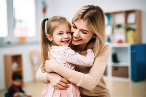 Foto De Una Adorable Niña Abrazando A Su Maestra En Preescolar Creada
