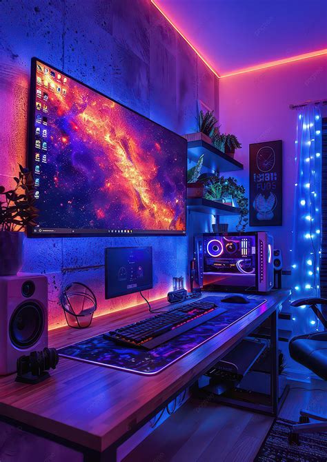 대형 모니터 Rgb 조명 및 현대적인 장식을 갖춘 생생한 게임 설정 배경 배경 화면 및 일러스트 무료 다운로드 Pngtree